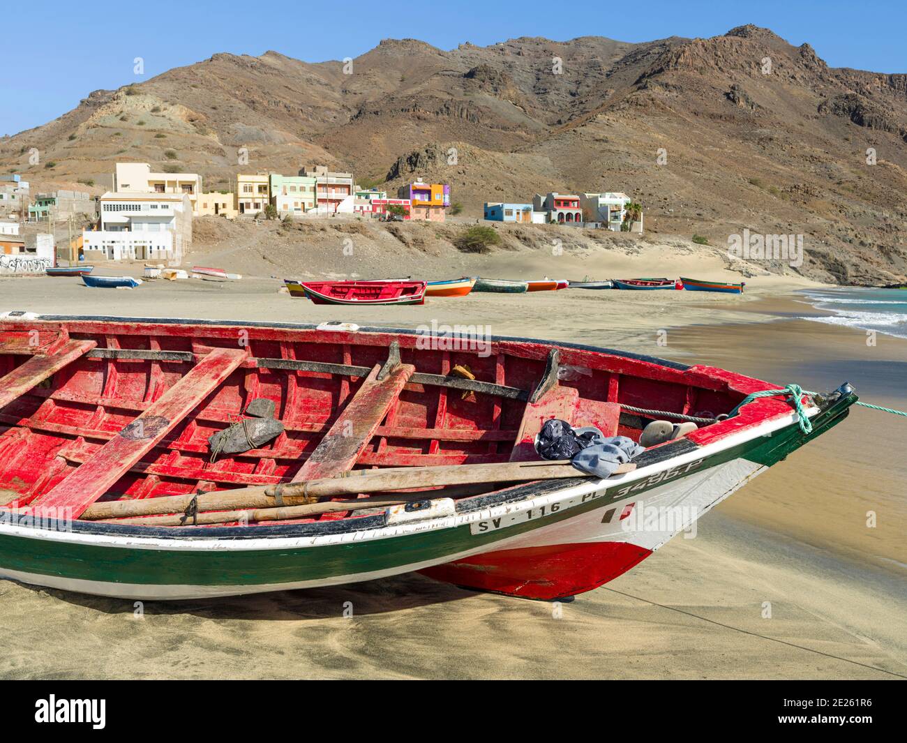 Traditional fishing boats on a beach near Sao Pedro. Island Sao Vicente ...