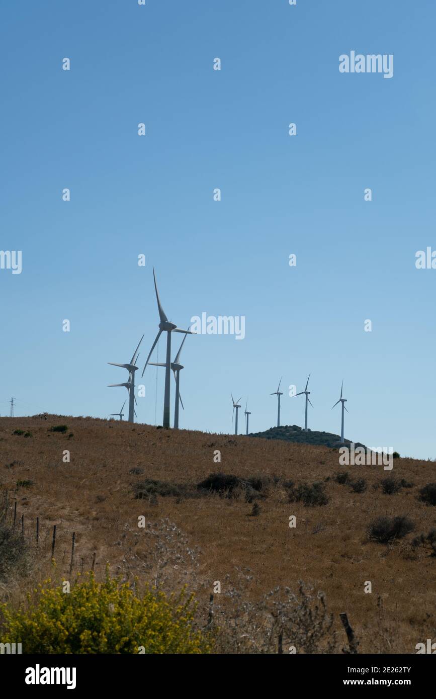 Frontal view of wind turbines in nature in sunshine Stock Photo - Alamy