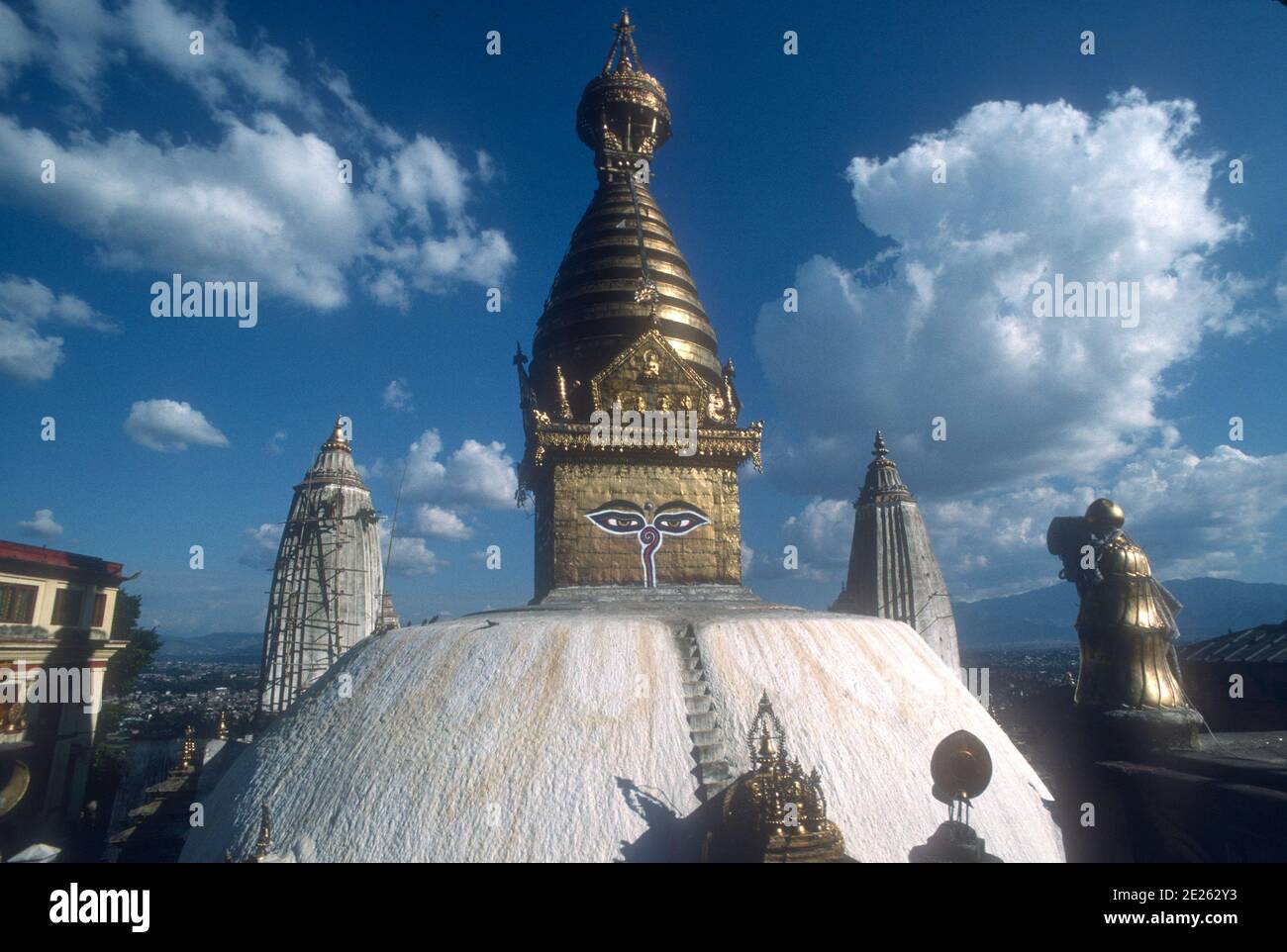 Ancient Buddhist Swayambhunath stupa also called the Monkey temple on ...