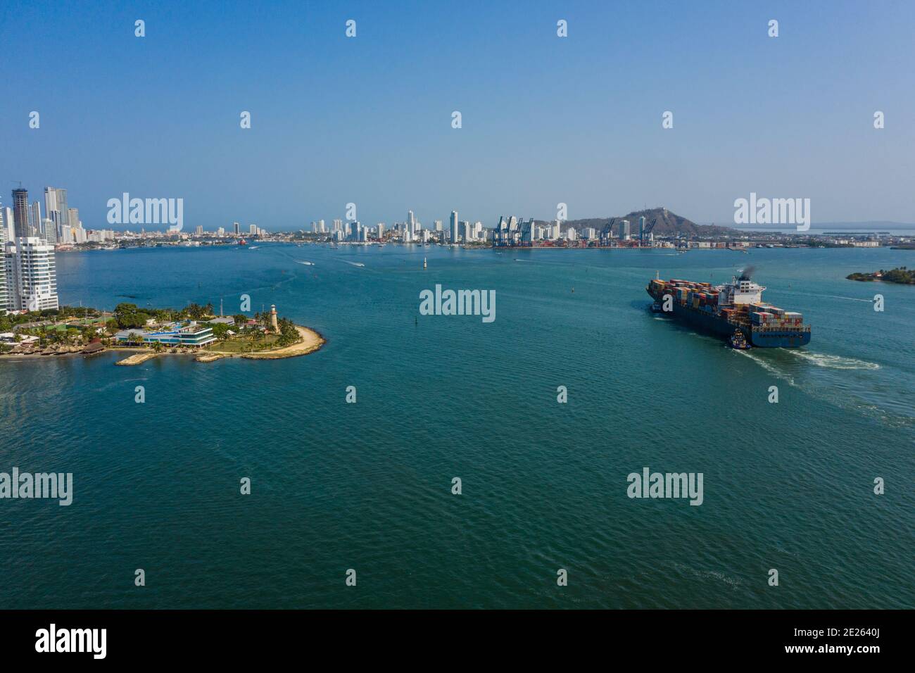 Cargo ship enters the port in Cartagena Colombia aerial view Stock ...