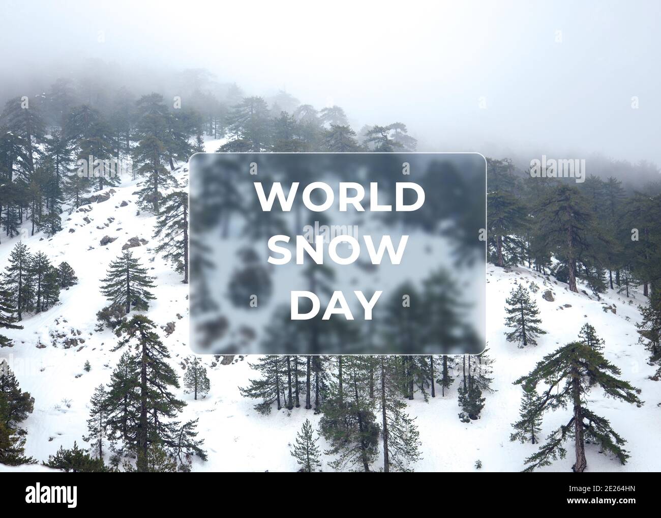 World Snow Day. Snow-capped mountains landscape, text on space with ...