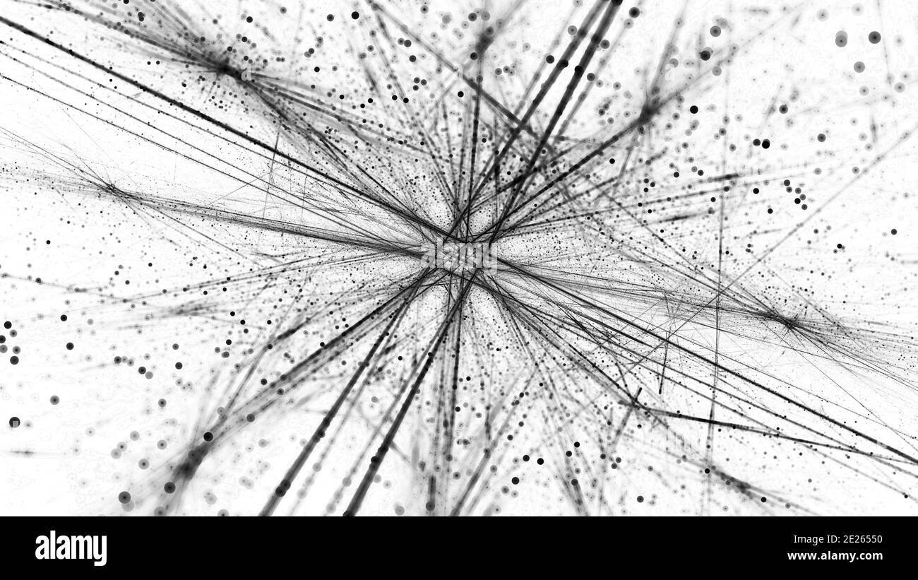 Connections in space with particles, big data, inverted black and white, computer generated ...