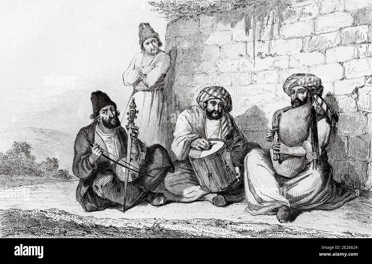 Musicians playing their instruments at Bouschir. Iran. Old steel ...