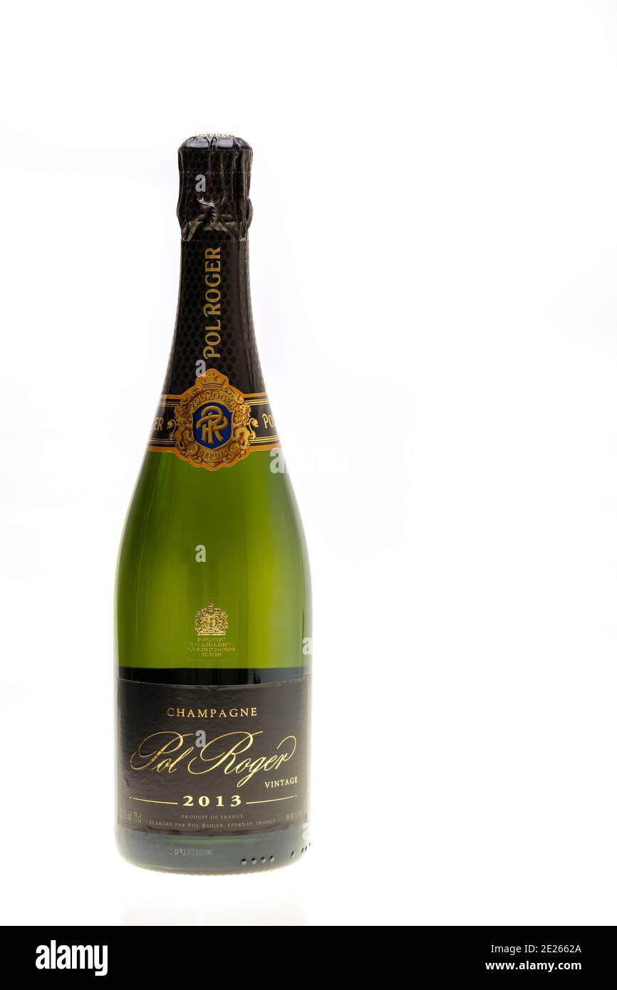 Beautiful view champagne bottle Pol Roger isolated on white background ...
