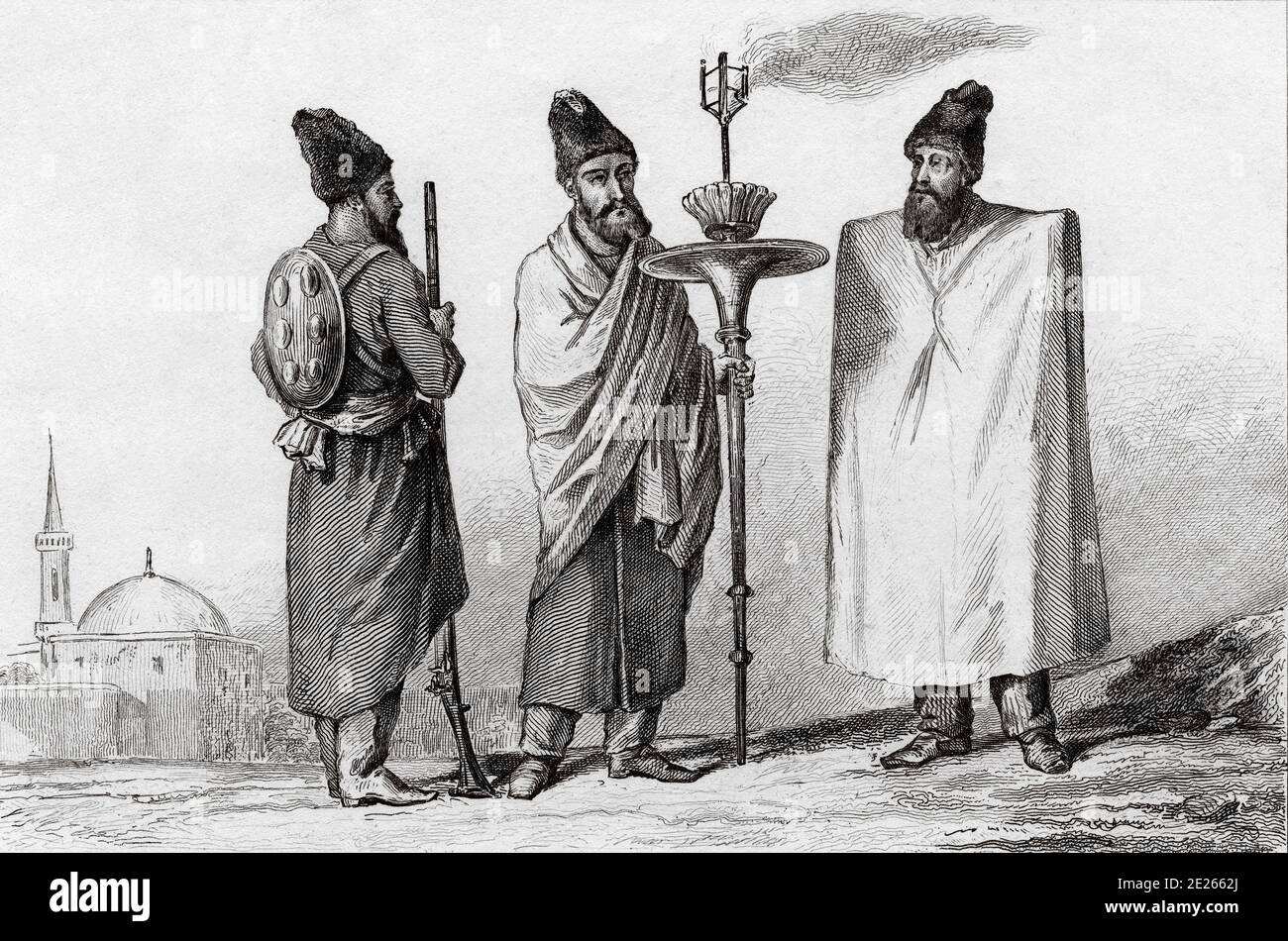 Various characters of ancient Persian culture. Iran. Old steel engraved ...