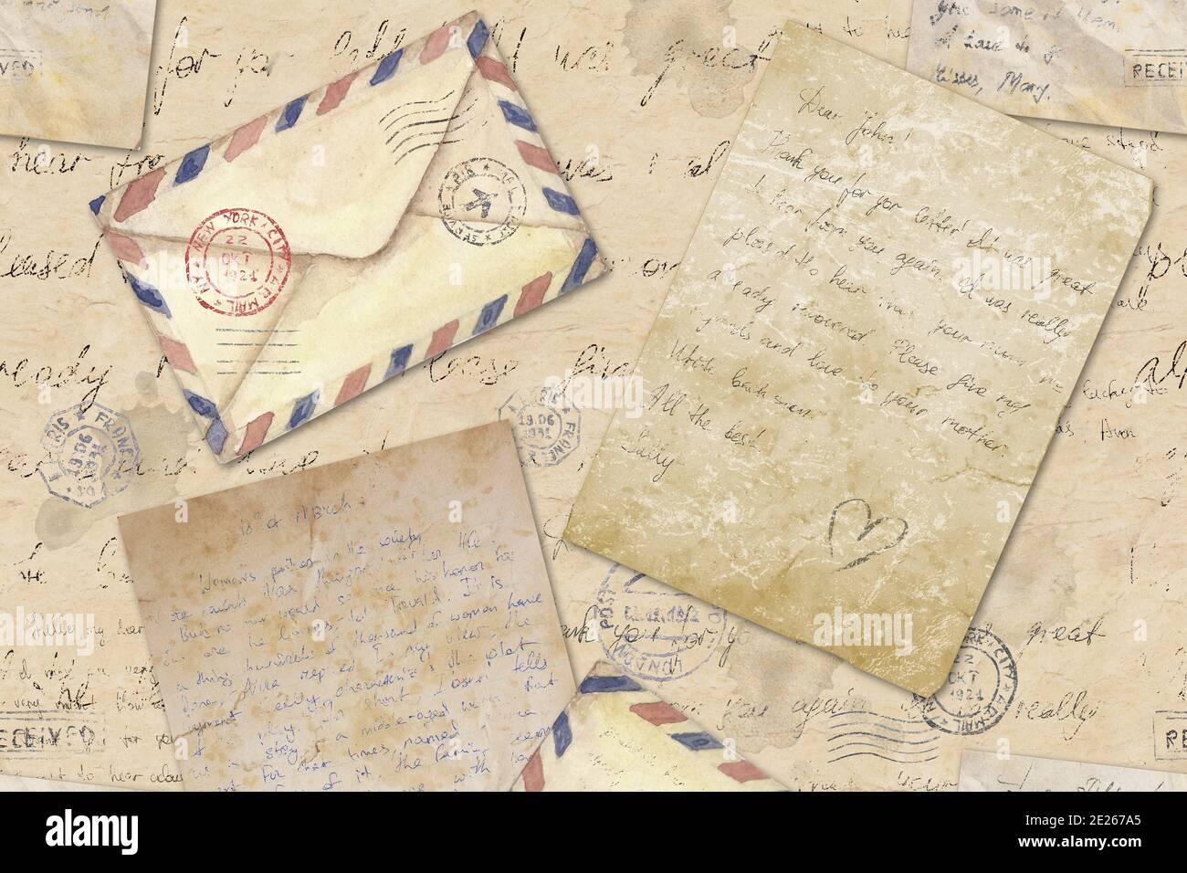 Background in vintage style with hand written letters, post stamps ...