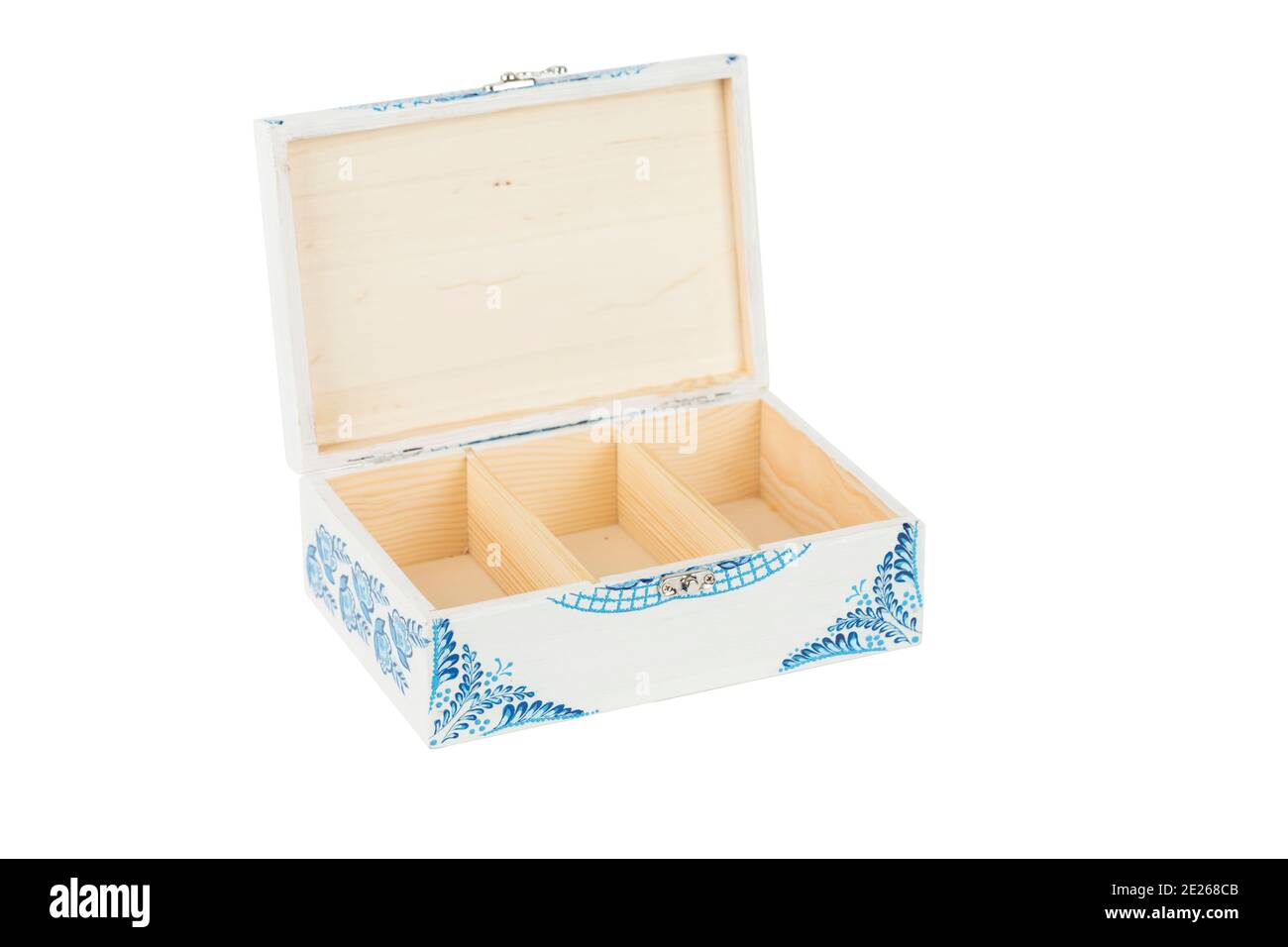 Handmade wooden box painted with blue ornament. It is isolated in a ...