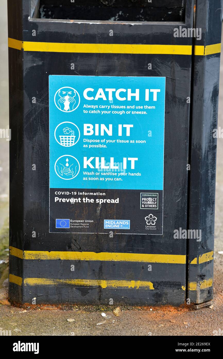 Catch it bin it kill it slogan on bin in Leicester Stock Photo - Alamy