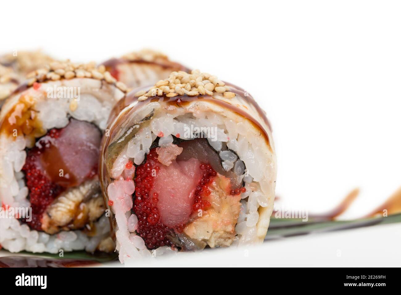 Original sushi roll fusion with various fillings. It is located in a ...