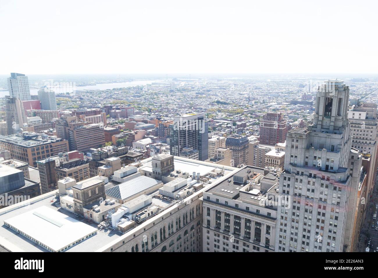 Rooftops of buildings in downtown Philadelphia, USA. The Delaware River ...