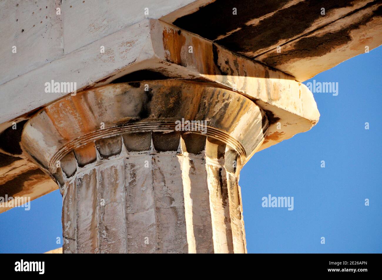 Detail of the Doric Order of the columns of the Parthenon, Athens acropolis, at dusk Stock Photo ...