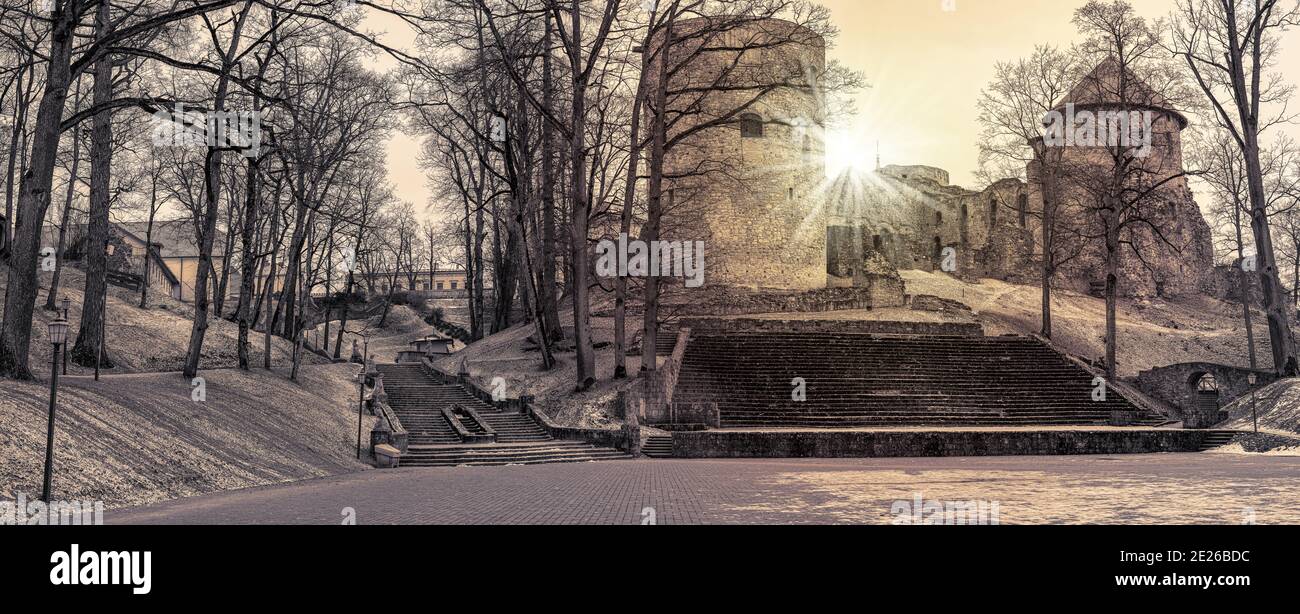 Panoramic view of Cesis castle and old stone stairs in park, Cesis ...