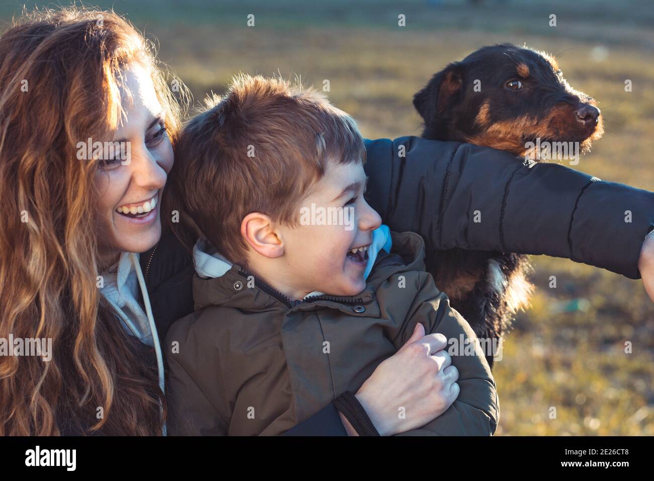 Young mom teaching protecting her son from a stray dog Stock Photo - Alamy