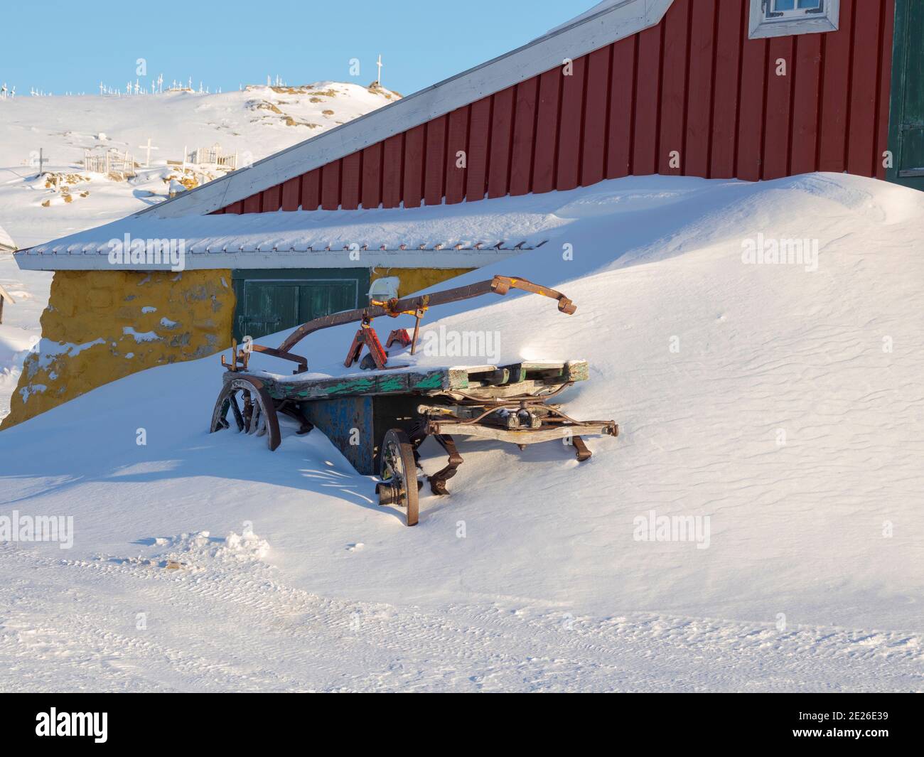 Fire truck, carriage, in museum. Winter in the town of Upernavik in the ...