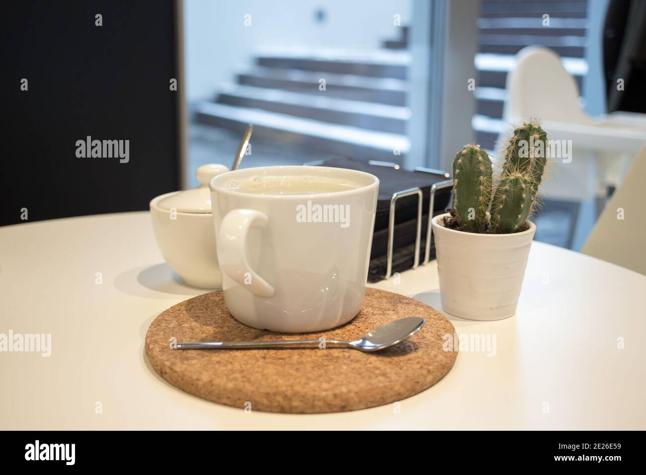 Ginger drink, cactus, sugar and black napkins on a white table Stock ...