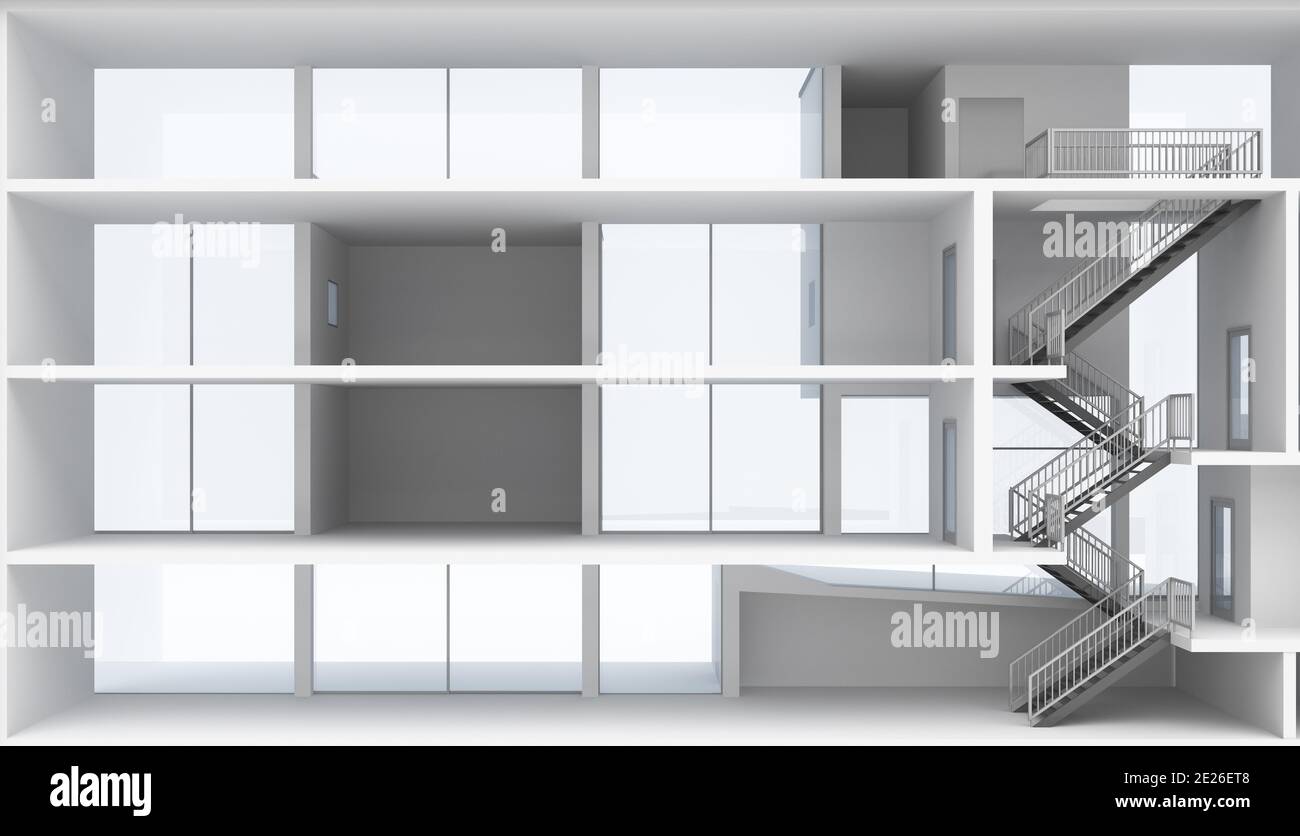 floors of building with a sectional staircase front view. 3d rendering ...