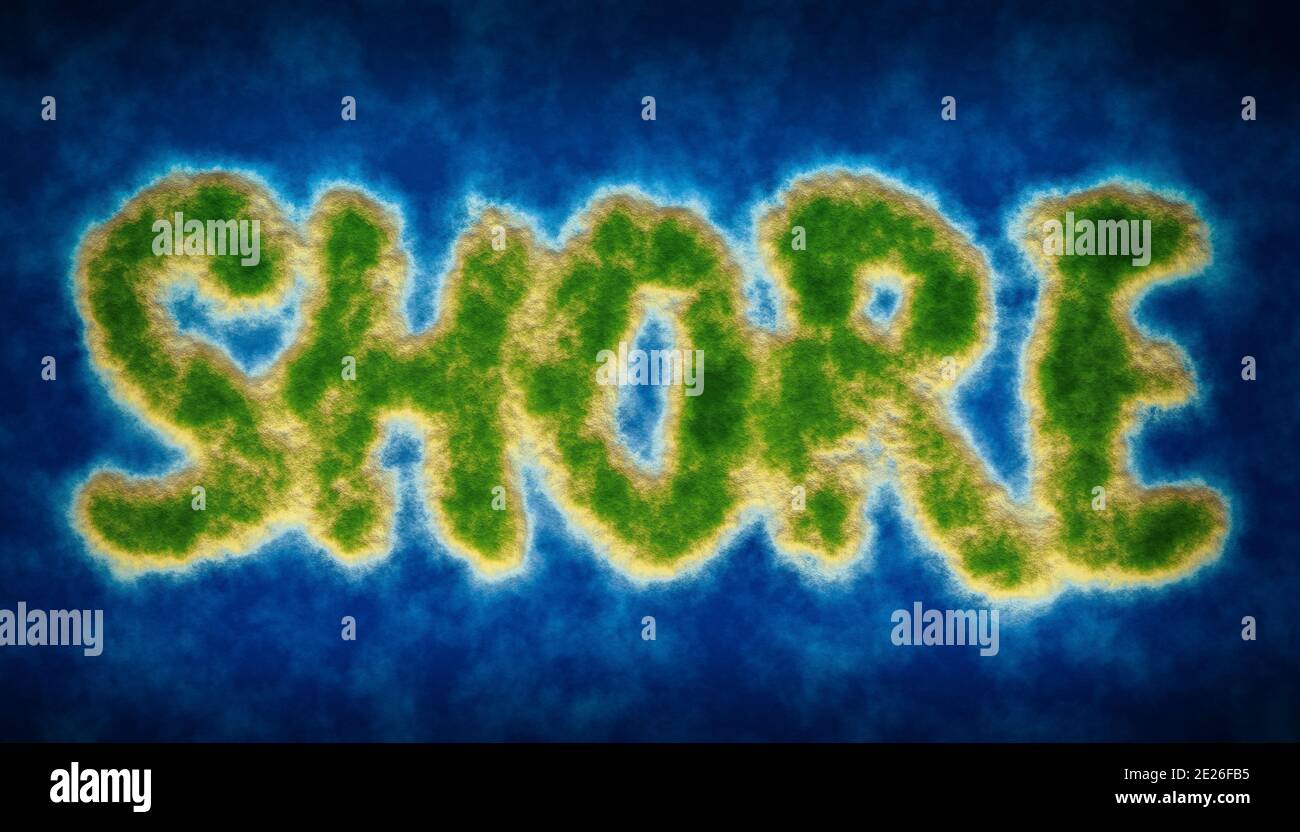 Green Island in the sea shaped as word - shore. Detailed illustration ...