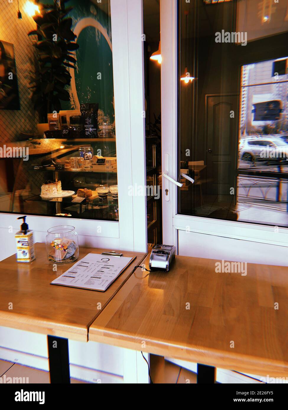 Take out food during lockdown, contactless payment, hand sanitizer and ...