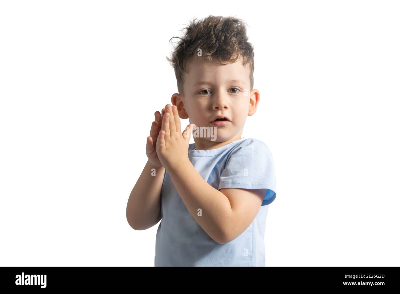 Young white caucasian boy claps his hand. Isolated on white background ...