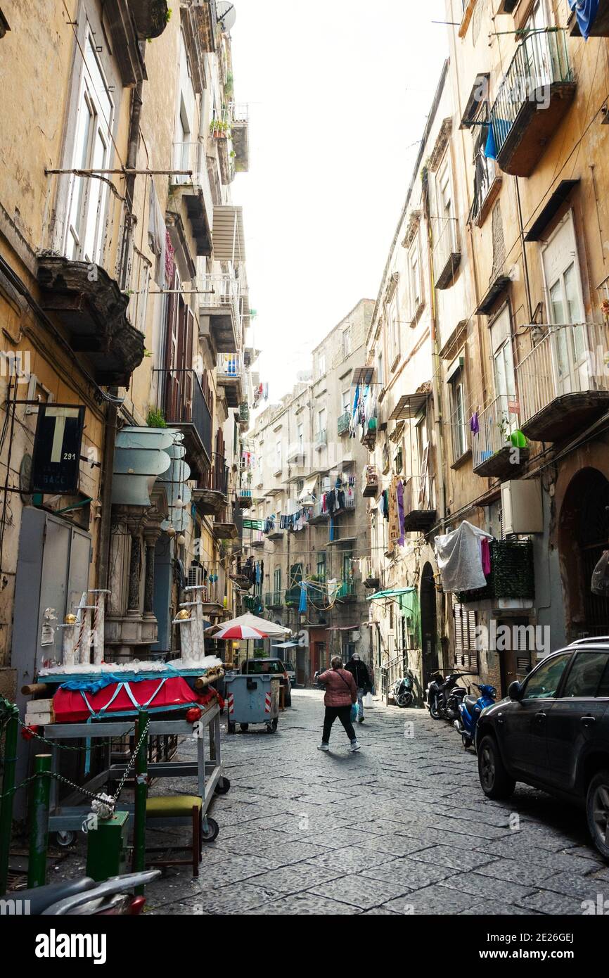 Naples, Italy. Narrow streets in downtown in Rione Sanita neighborhood ...