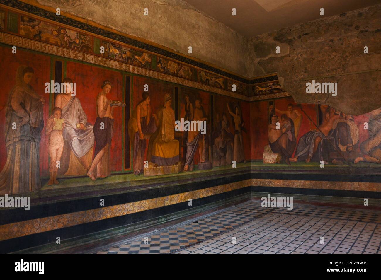 Ruins of Pompeii, Italy. Decoration detail. Fresco painting on the wall ...