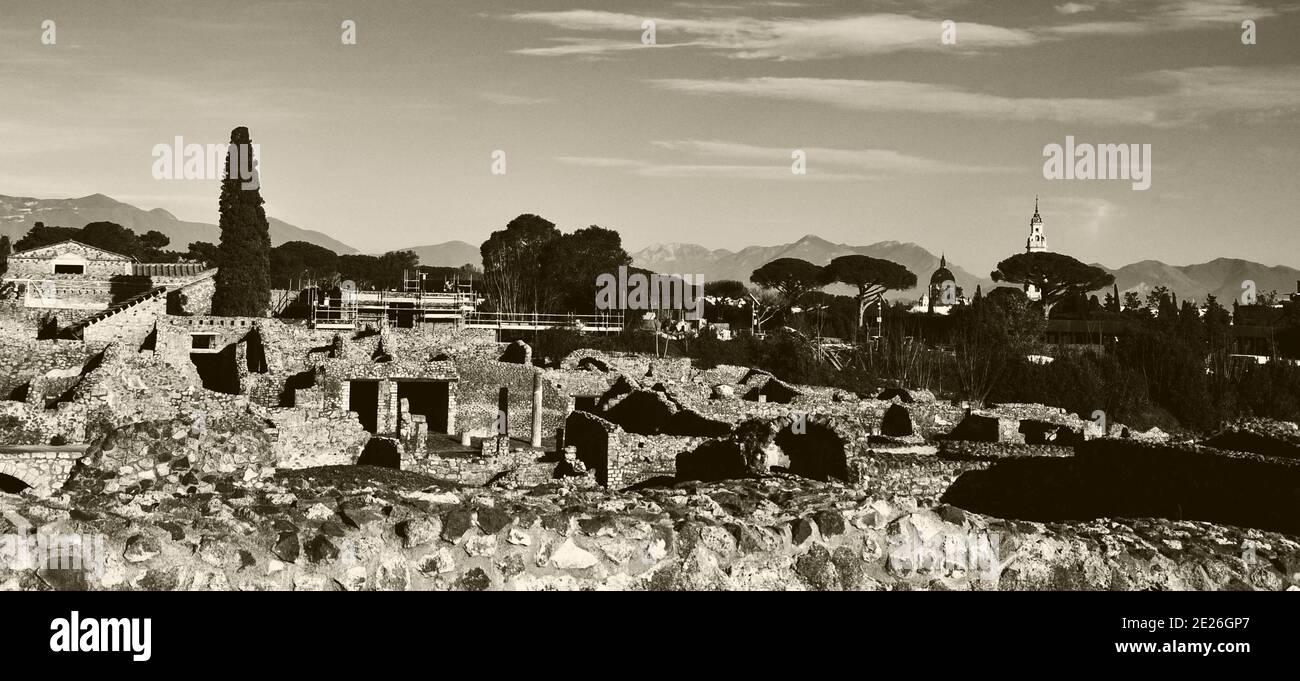 Pompeii archaeological park panoramic view with churches of new town ...