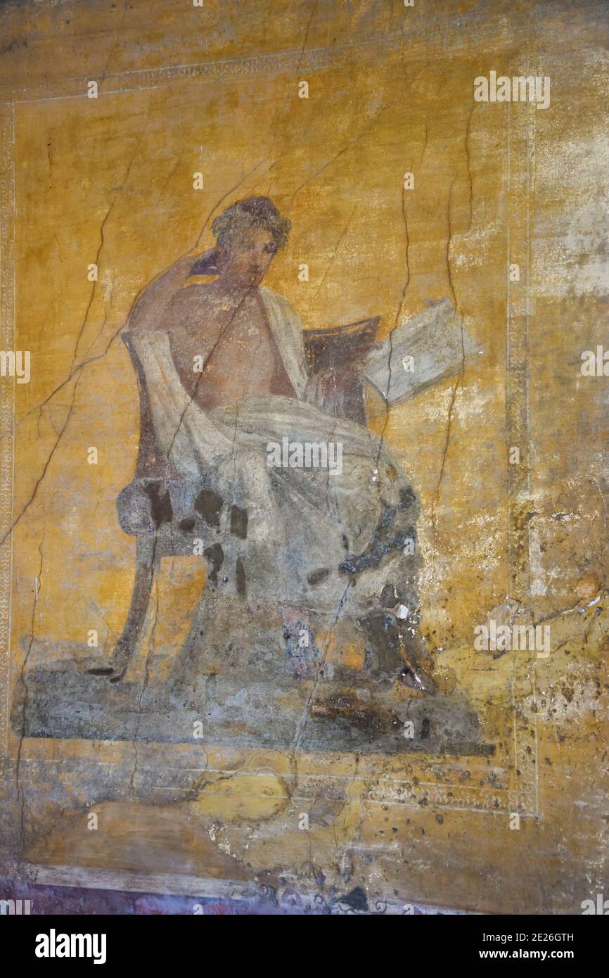 Pompeii ruins, Italy. Roman fresco from the House of Menander. Portrait ...