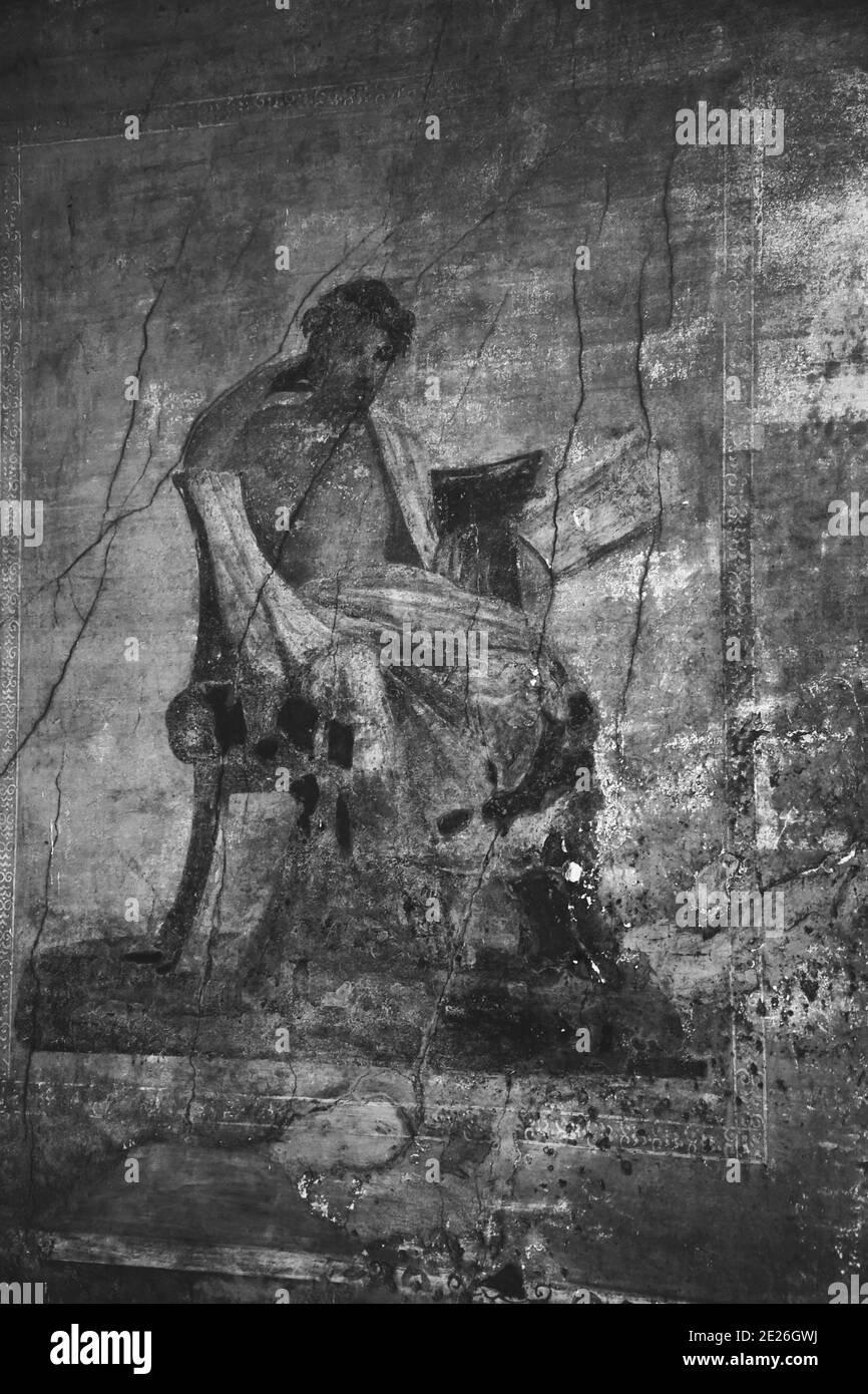 Pompeii ruins, Italy. Roman fresco from the House of Menander. Portrait ...