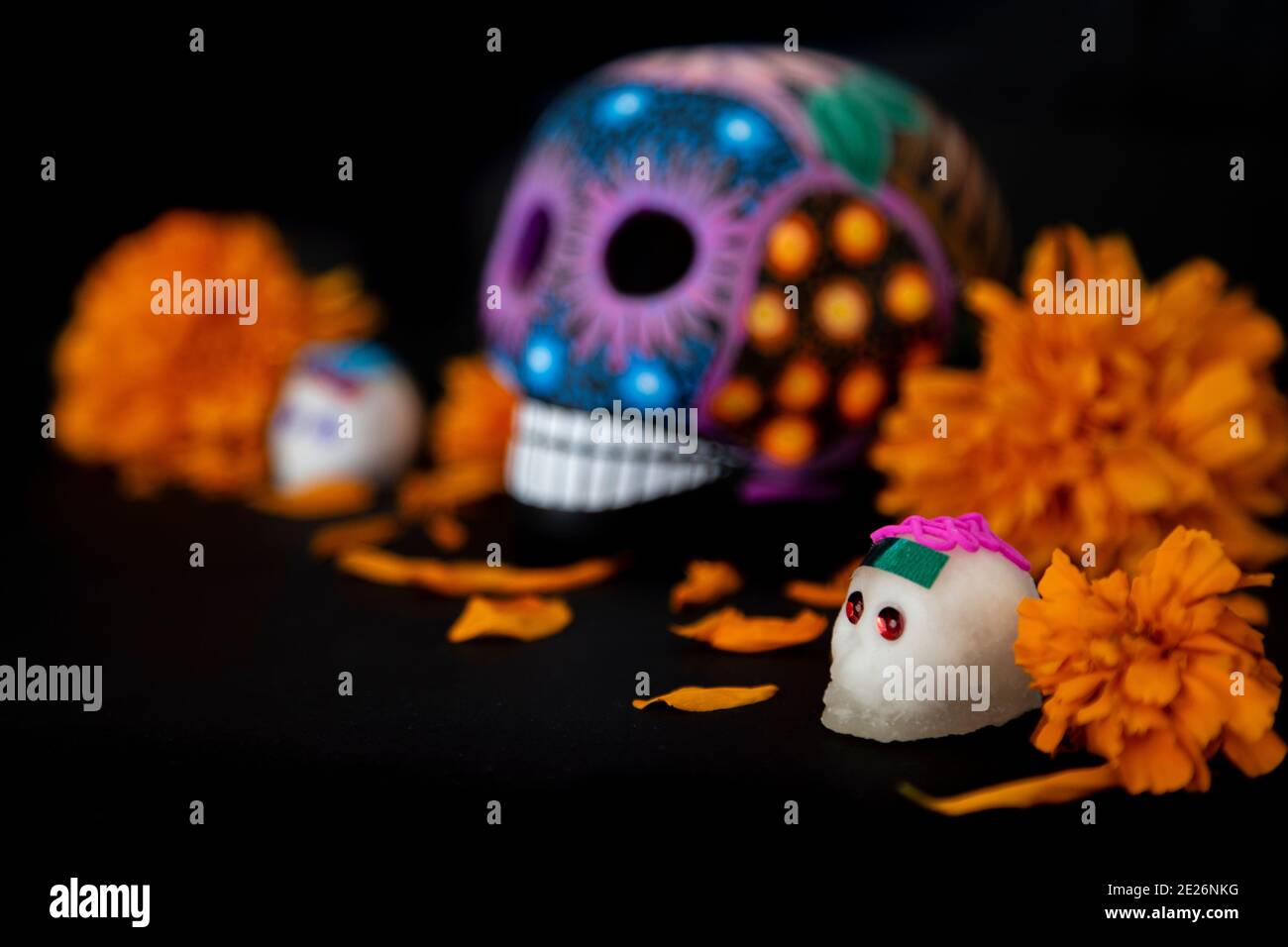 Colorful skulls and cempasuchil flowers (for day of the dead, Mexico ...