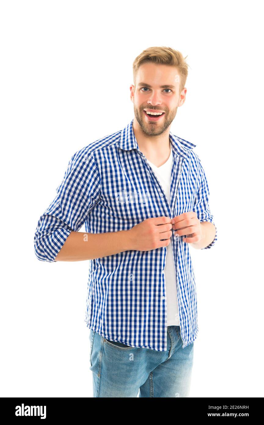 his perfect style. casual male fashion style. unshaven guy has groomed ...