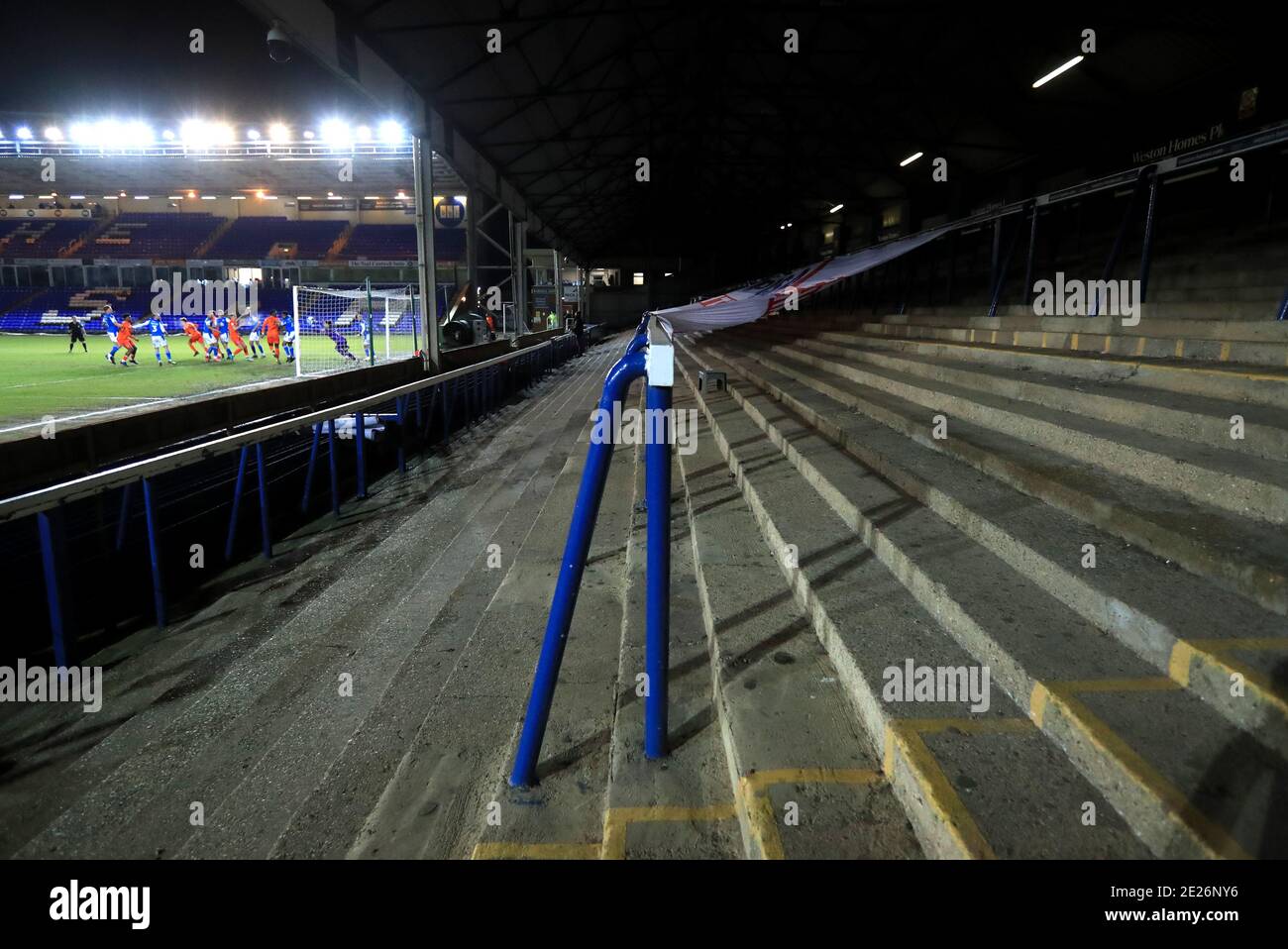 Empty stand as goalmouth action can be seen on the pitch during the ...