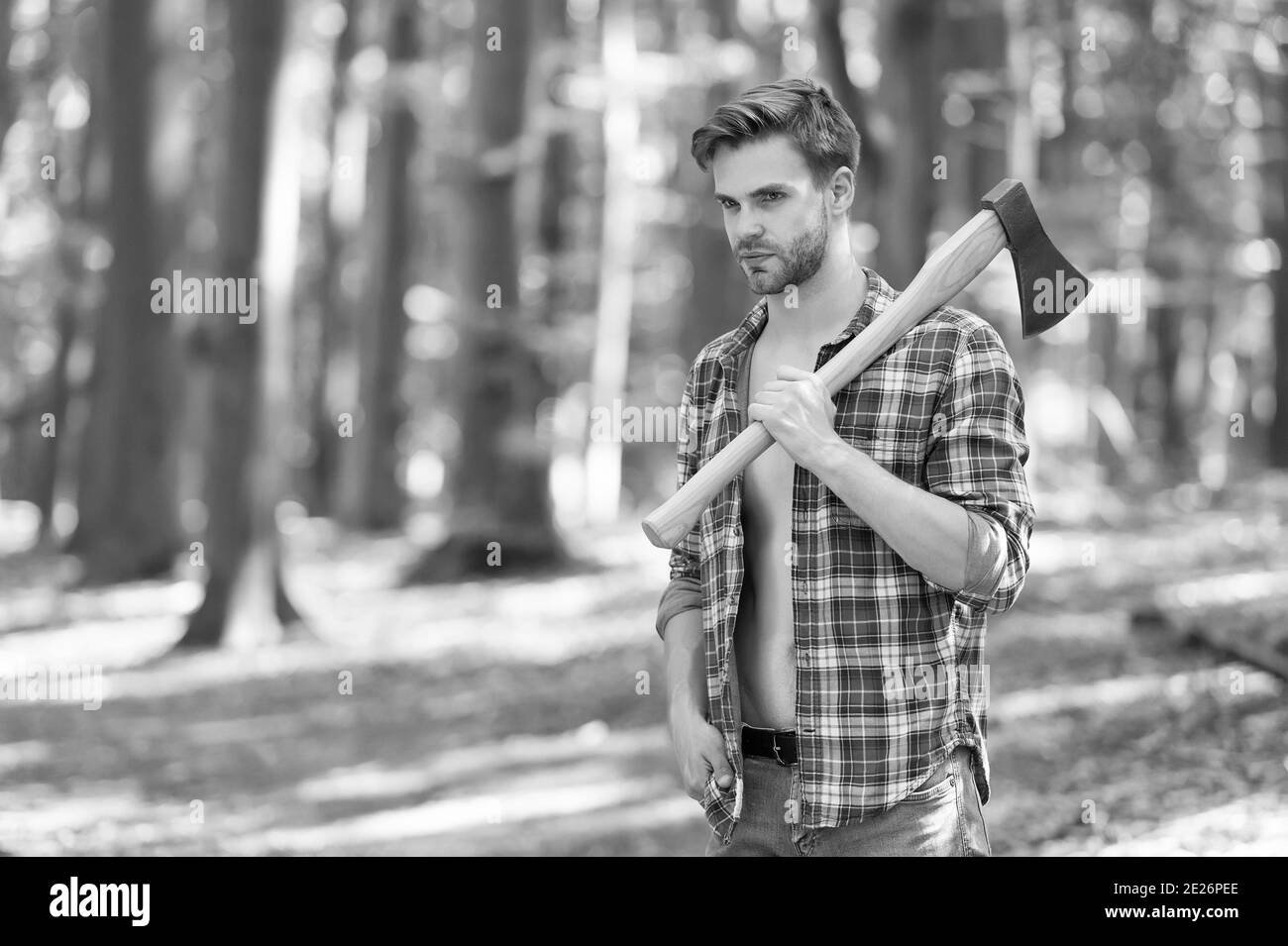 Managing forest. Handsome guy carry chopping axe in wood. Tree chopping ...