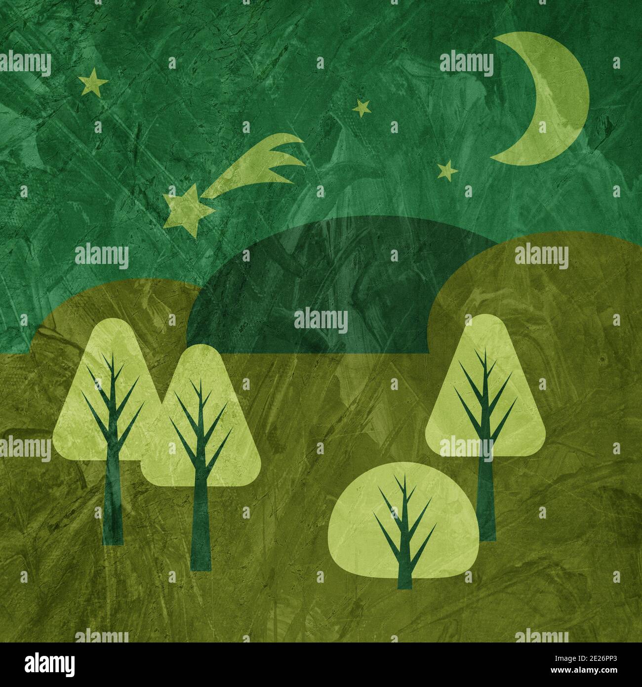 Flat night landscape with moon, stars, comet and textured background ...