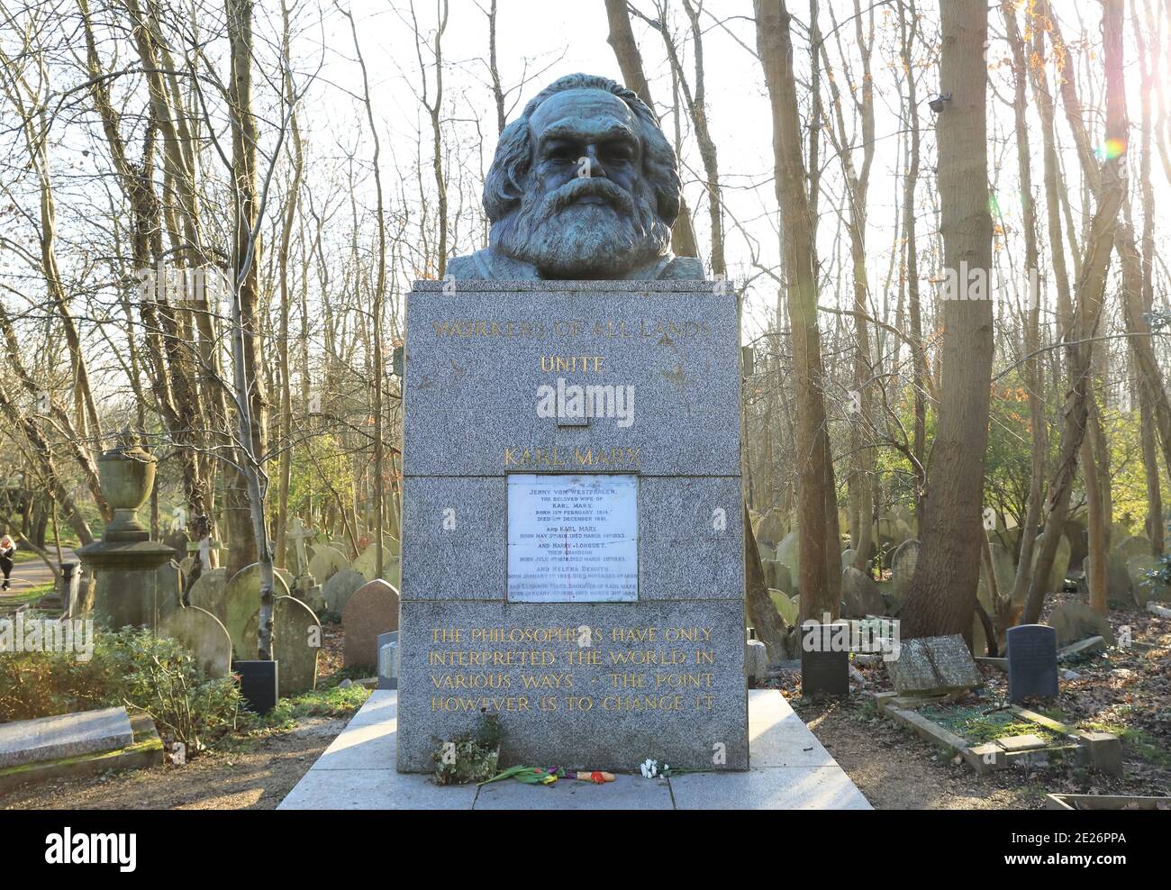 The memorial to Karl Marx, the German philosopher, in Highgate Cemetery ...