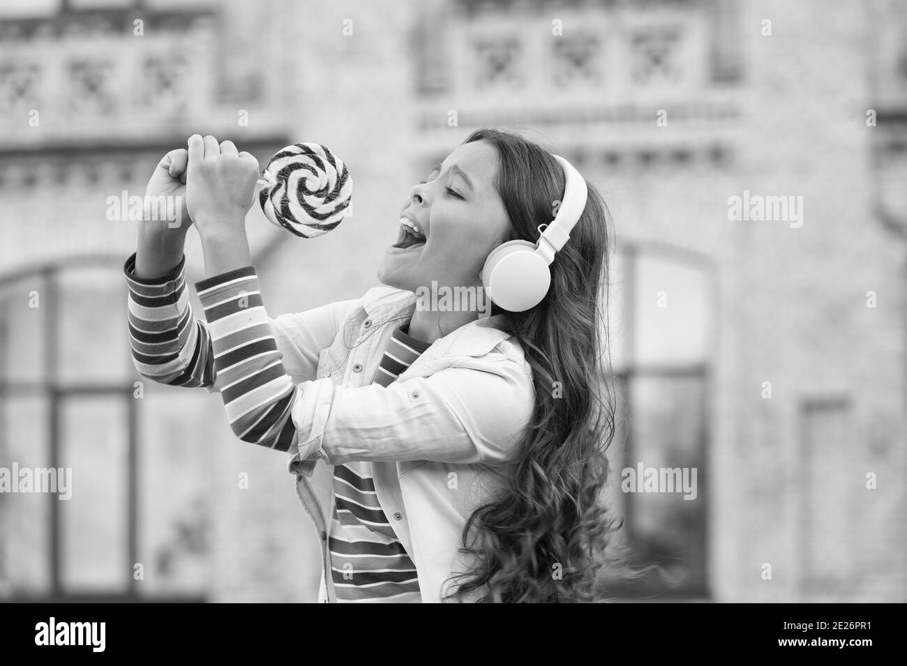 Girl modern headphones sing song lollipop mic, sweet artist concept ...