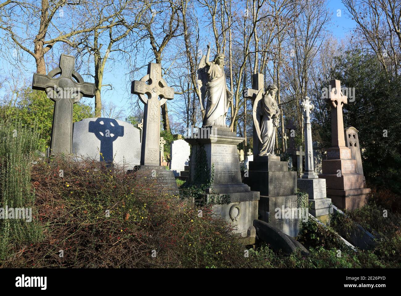 The memorials of Highgate Cemetery East in the winter sunshine, north ...