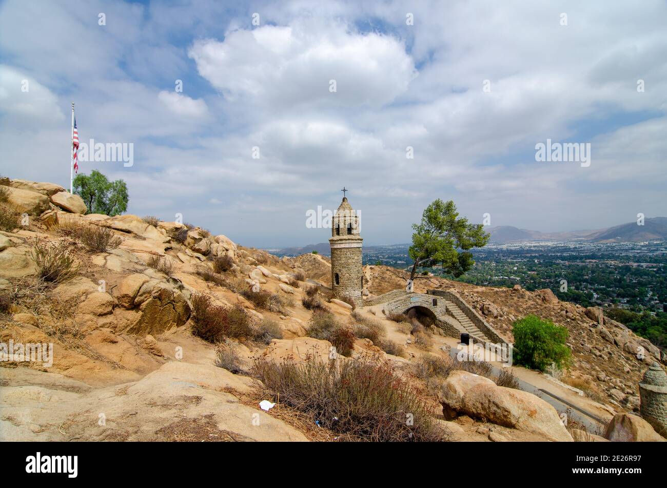 Beautiful shot of the stone cross tower in the Mount Rubidoux trail in ...