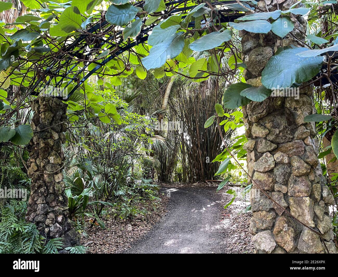 A rock pathway through a stone and metal trellis at a botanical garden ...