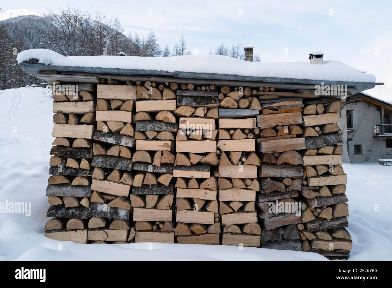 Pile of dry chopped fire wood in alp mountain Stock Photo - Alamy