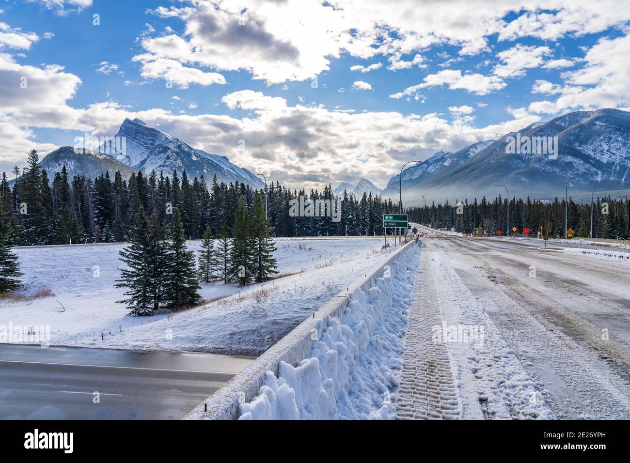 Trans-Canada Highway Town of Banff exit. Banff National Park, Canadian Rockies, AB, Canada Stock ...