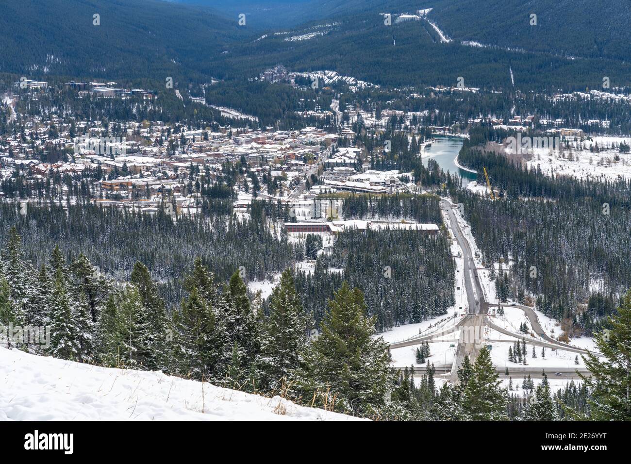 Overlook view Town of Banff in snowy winter season. View from Mount ...