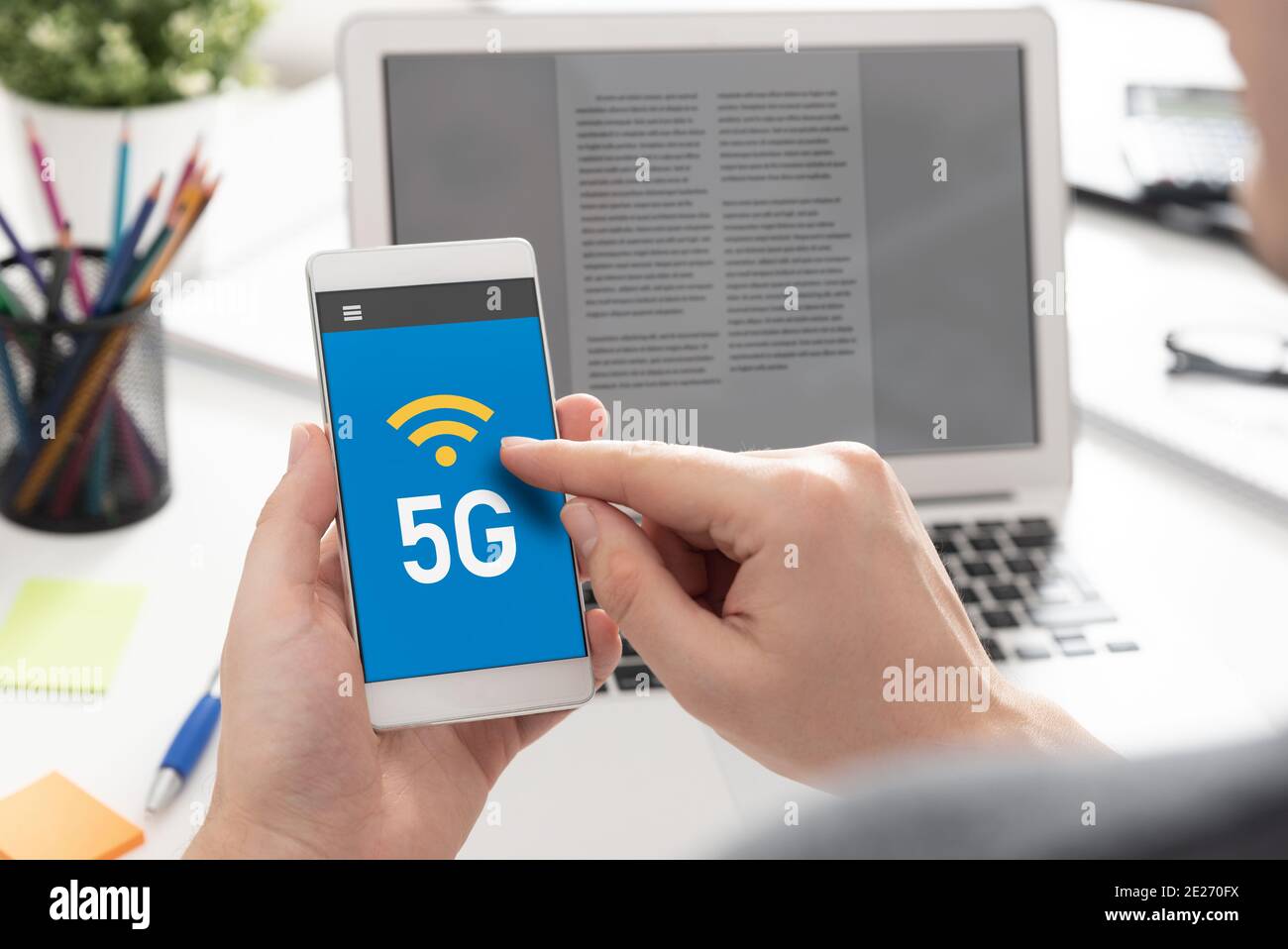 5G technology, high speed communication, data transmission. Hand ...