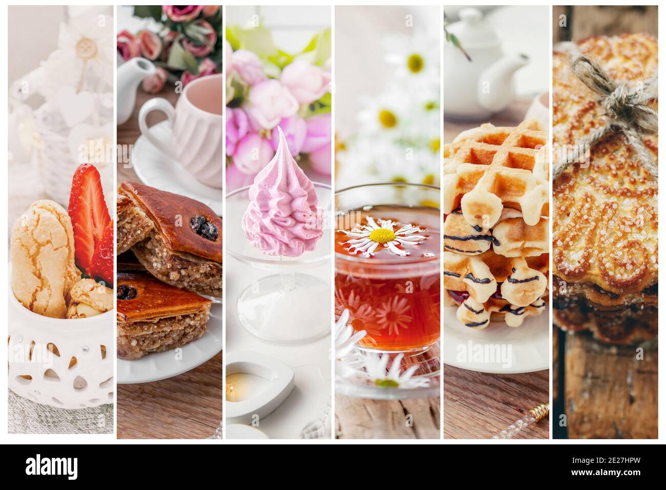 beautiful collage of cookies, waffles, marshmallows, baklava, meringue ...