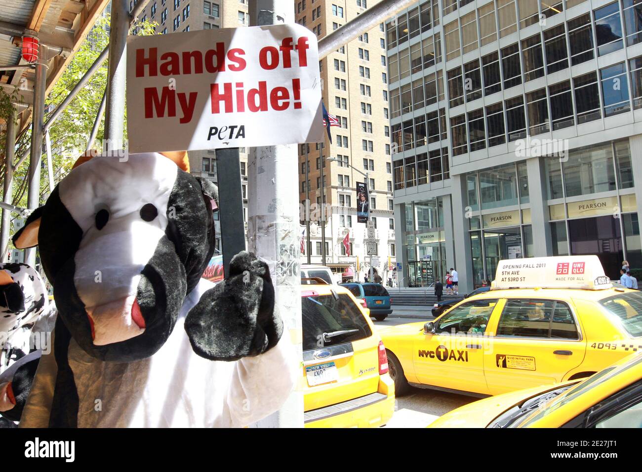 A herd of PETA members dressed in cow costumes protest leather goods in ...