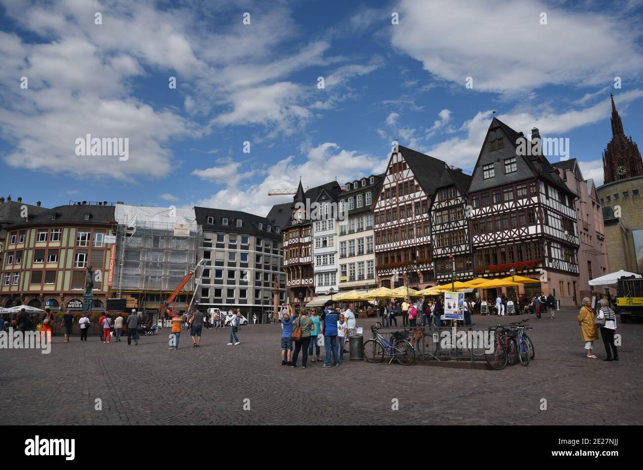 Romerberg square with tourist people walking at the city of Frankfurt ...