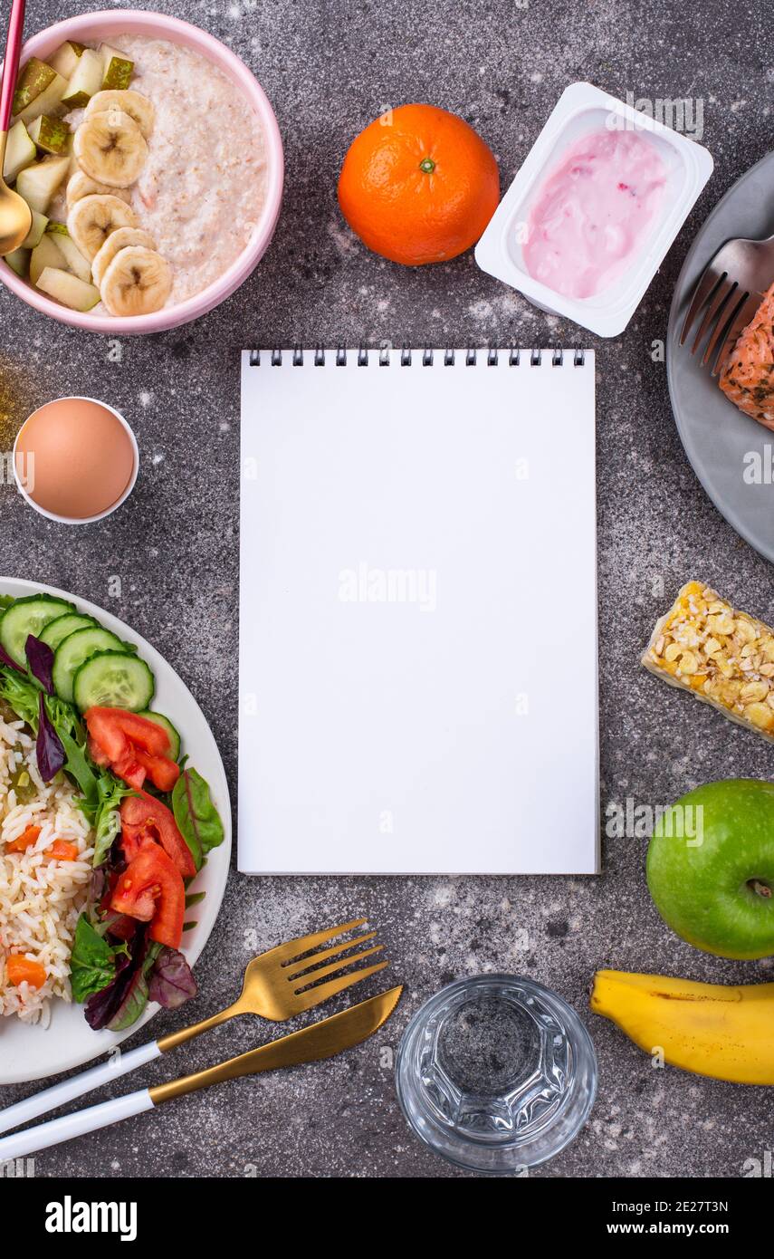 Breakfast, lunch and dinner. Balanced menu Stock Photo - Alamy