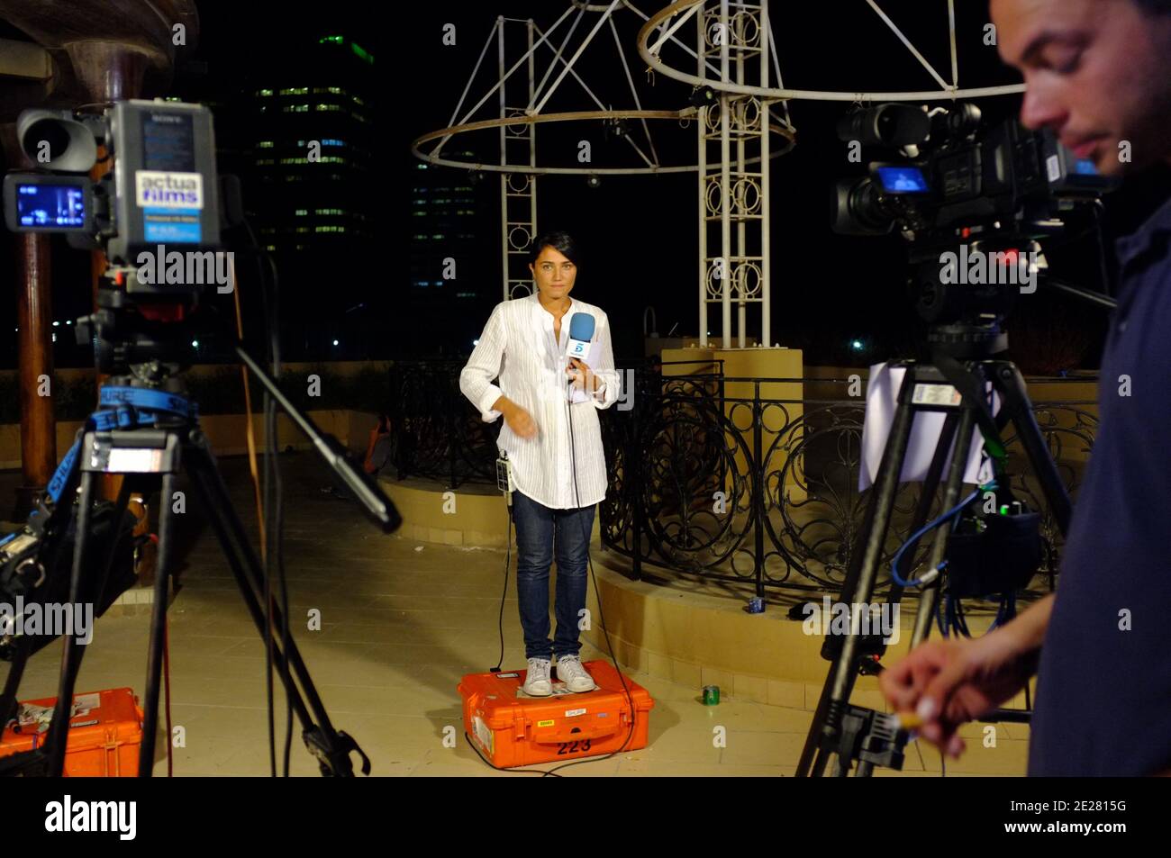 Spanish journalist Mayte Carrasco during a live television report from ...