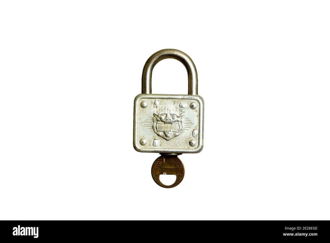 Antique pad lock with key - closed on a white background Stock Photo ...
