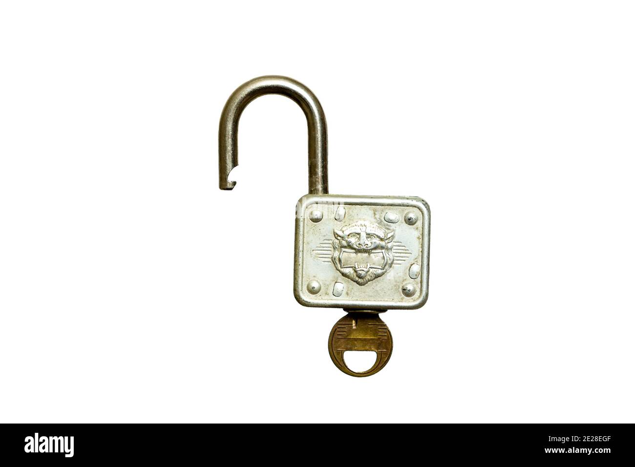 Antique pad lock with key - open, on a white background Stock Photo - Alamy