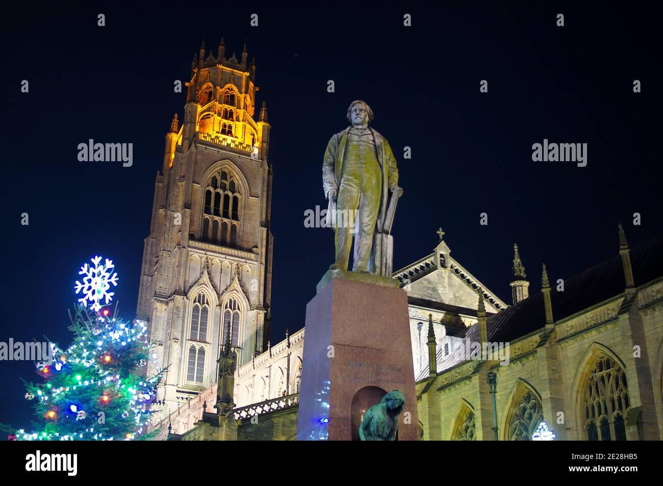 The Stump tower (St Botolph's church) & Ingram statue during Christmas ...